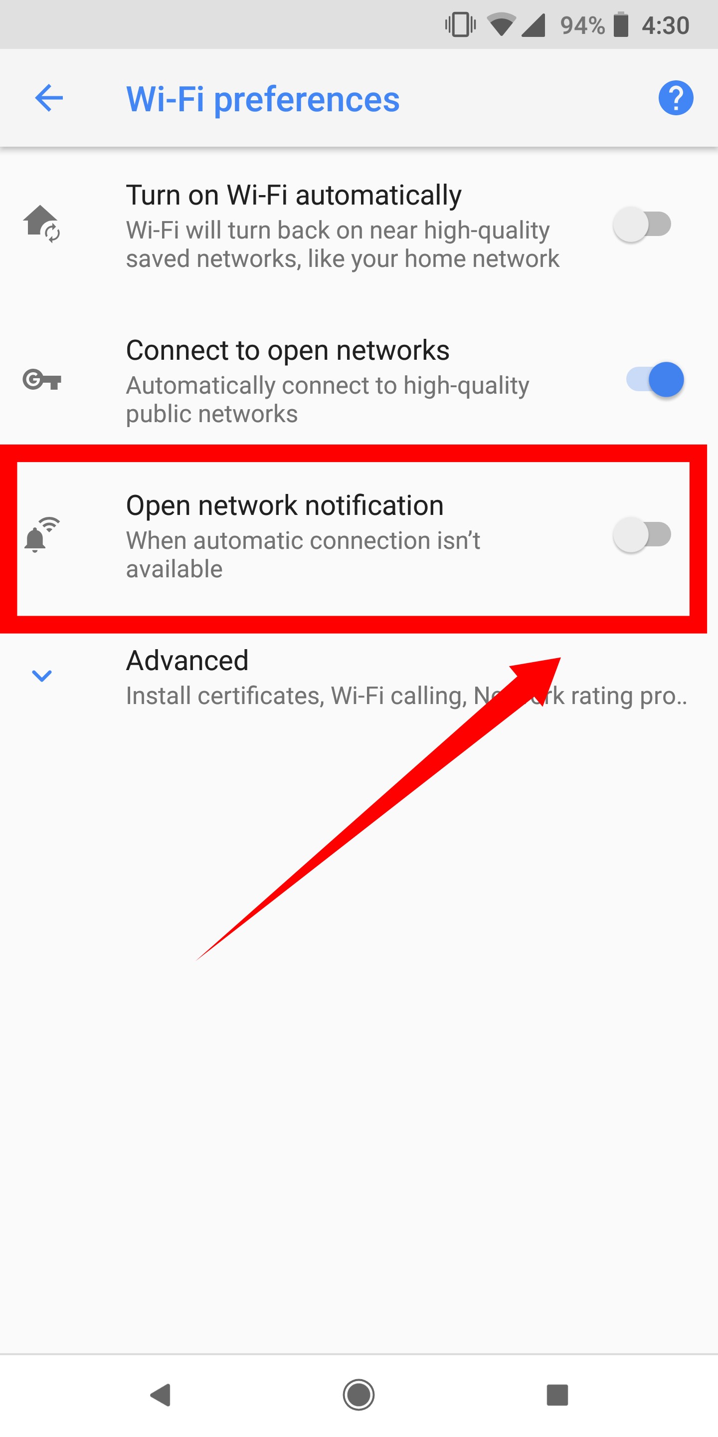 How to turn off open network notification on Google Pixel 2 and 2 XL