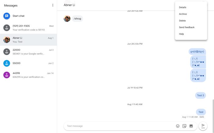 Android Messages for web updated w/ various Google Material Theme tweaks
