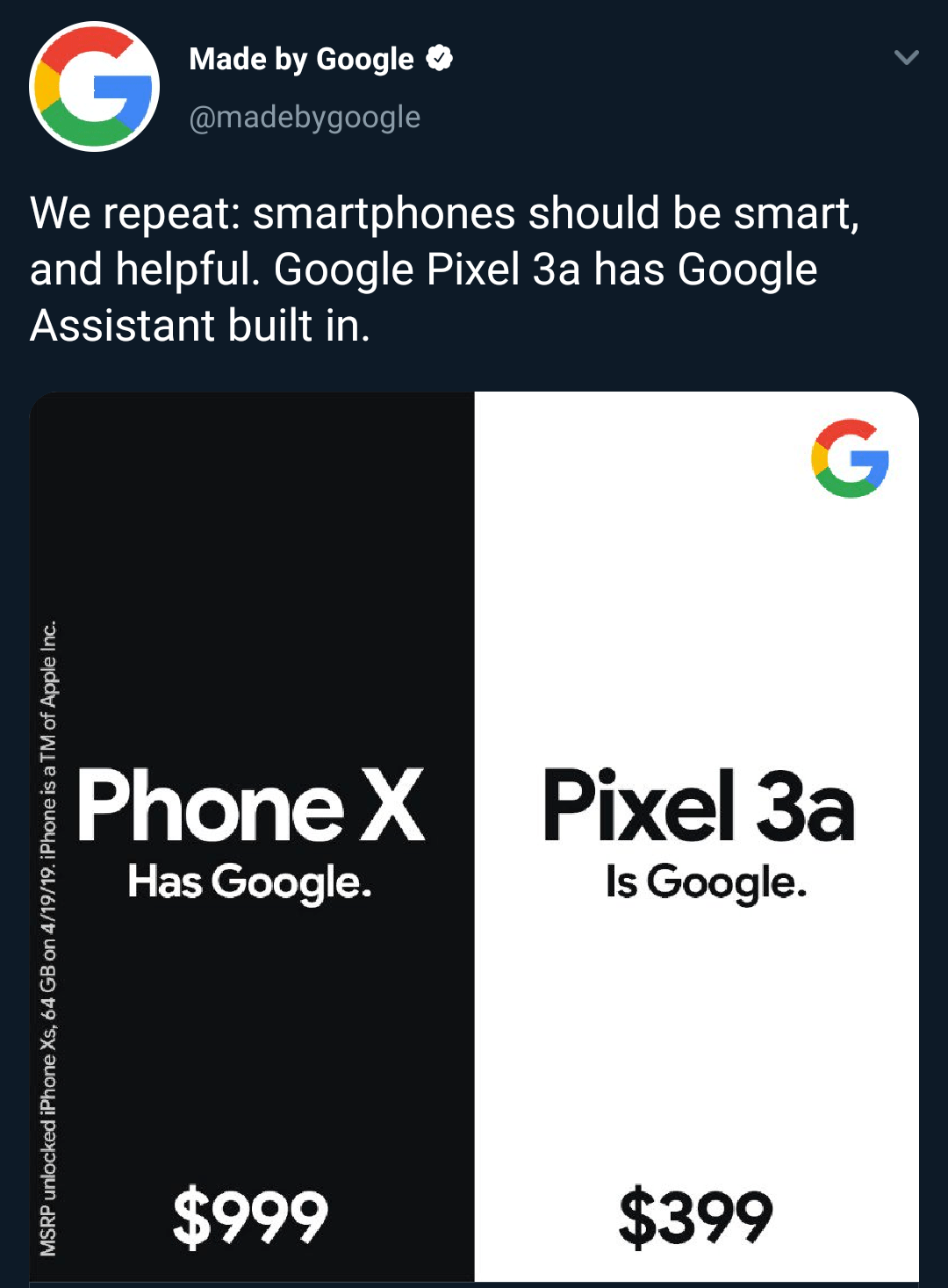 'Phone X has Google' and 'Pixel 3a is Google' in latest ads