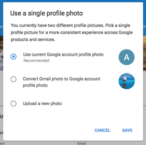 Google combining Gmail and Google Account profile photos
