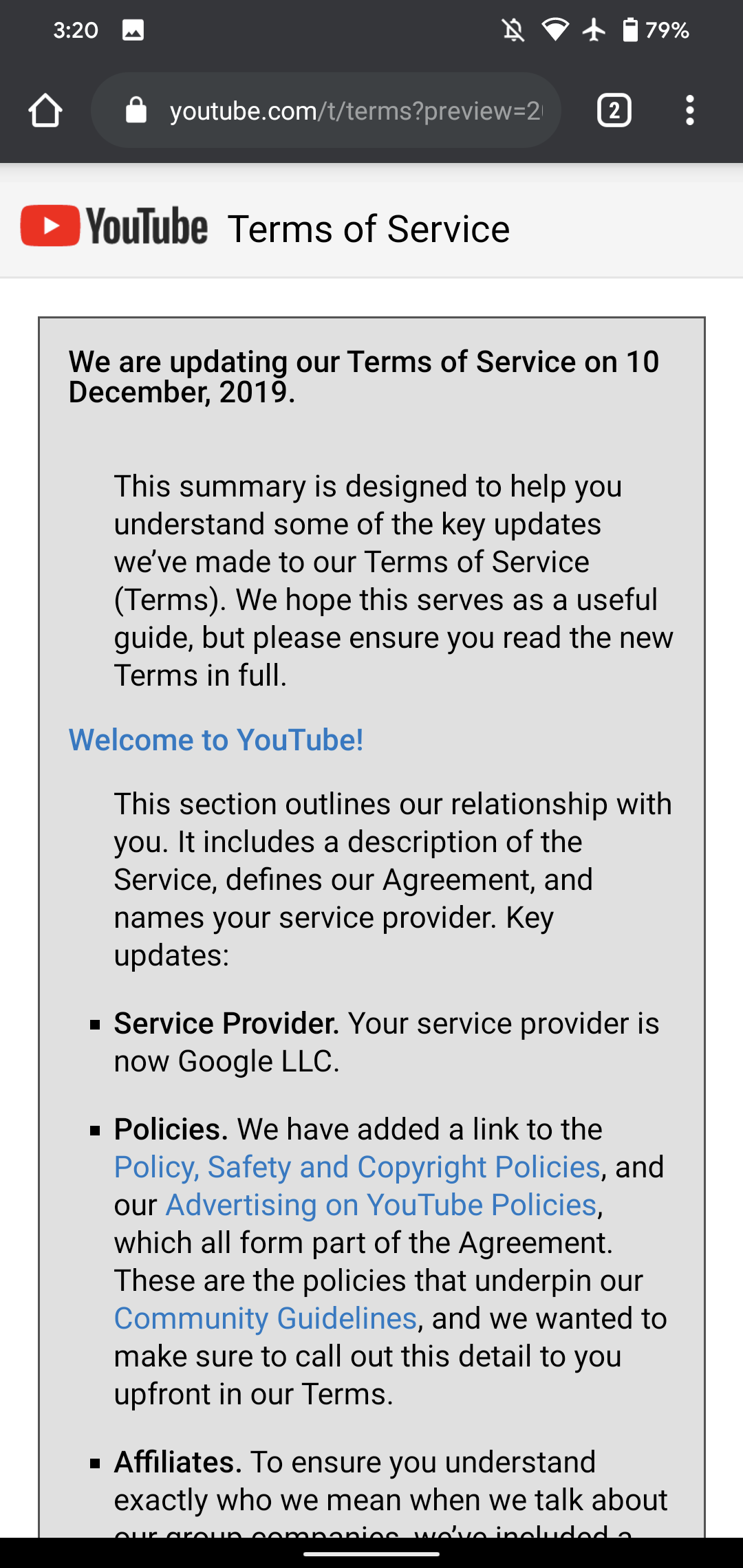 YouTube alerting visitors about updated terms of service