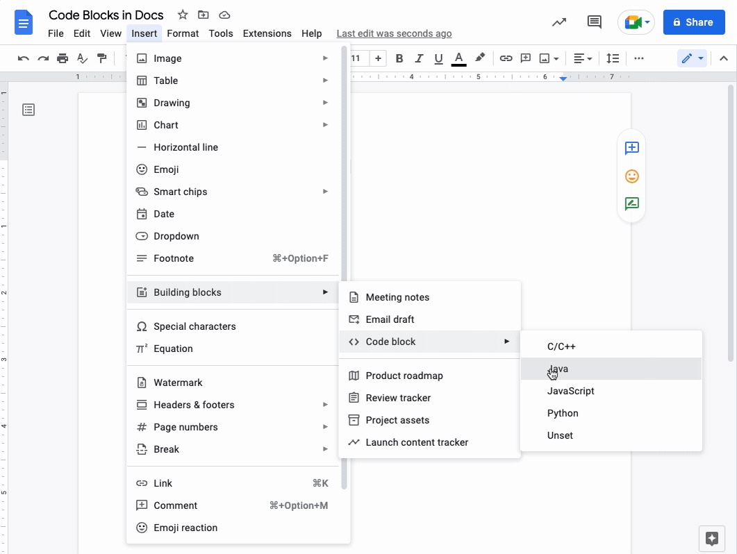 Google Docs rolling out code blocks for easier formatting, display