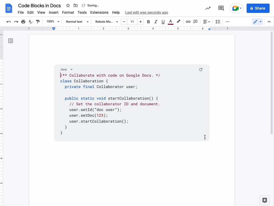 Google Docs rolling out code blocks for easier formatting, display