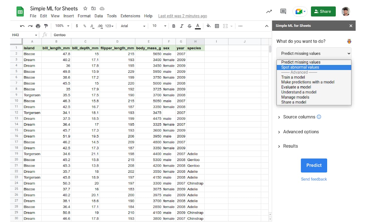 Google’s Simple ML for Sheets add-on can predict missing values