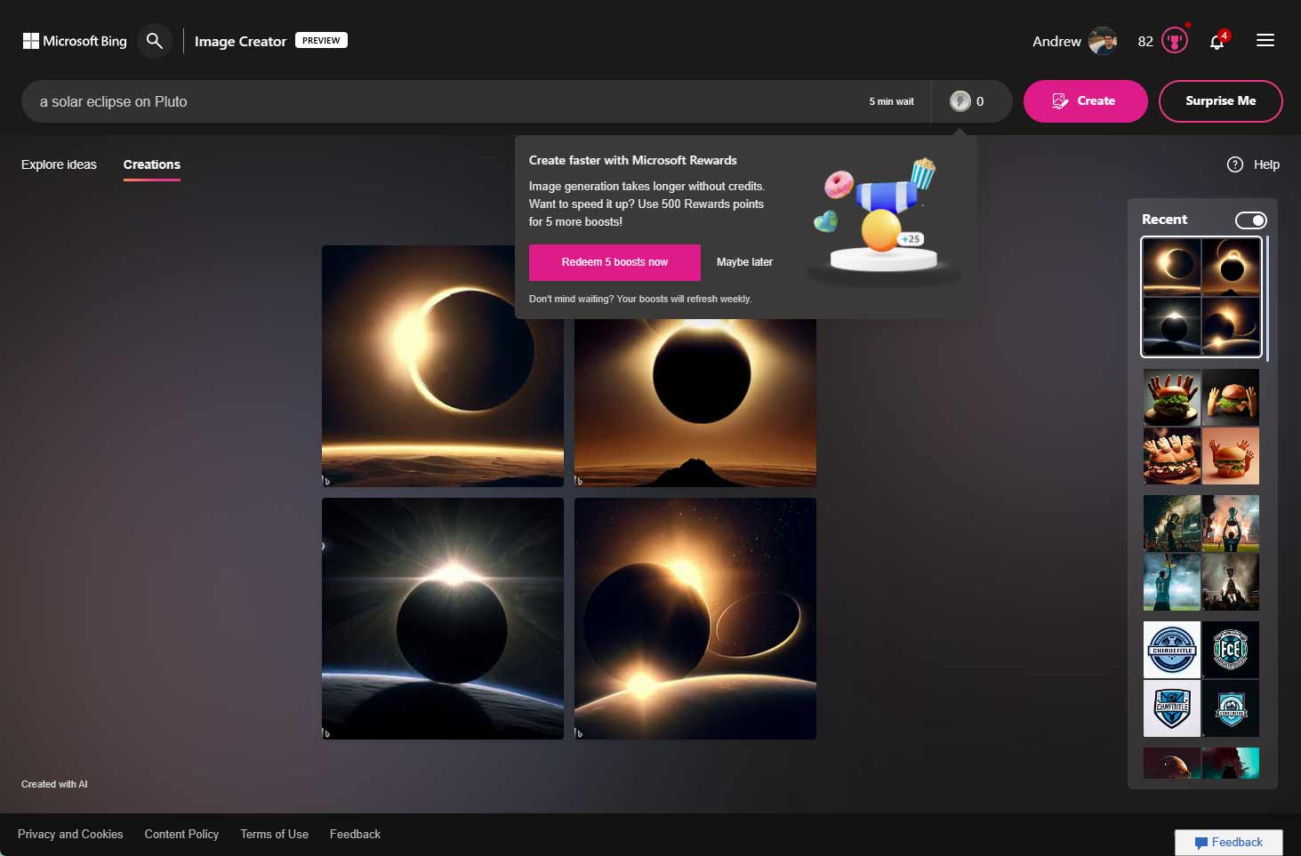Bing Image Creator is free, but image processing costs 'boosts'