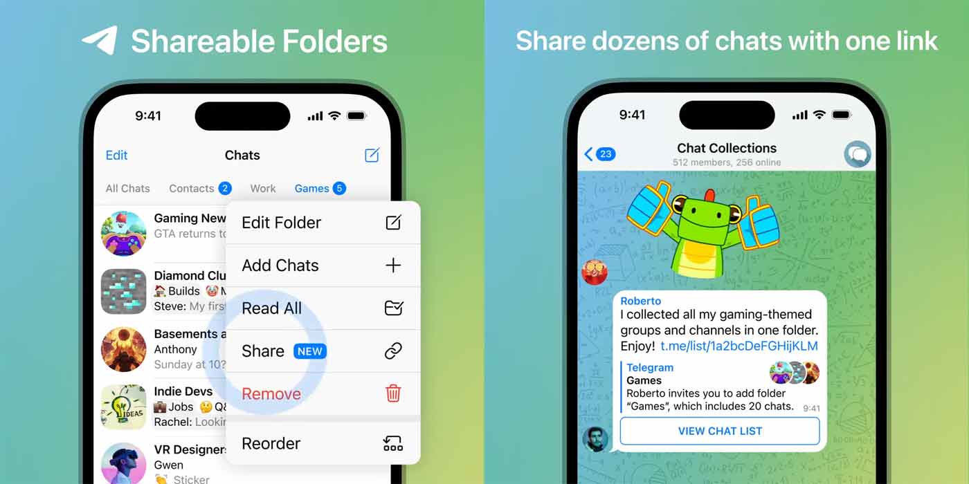 Telegram adds shared chat folders, improved bots