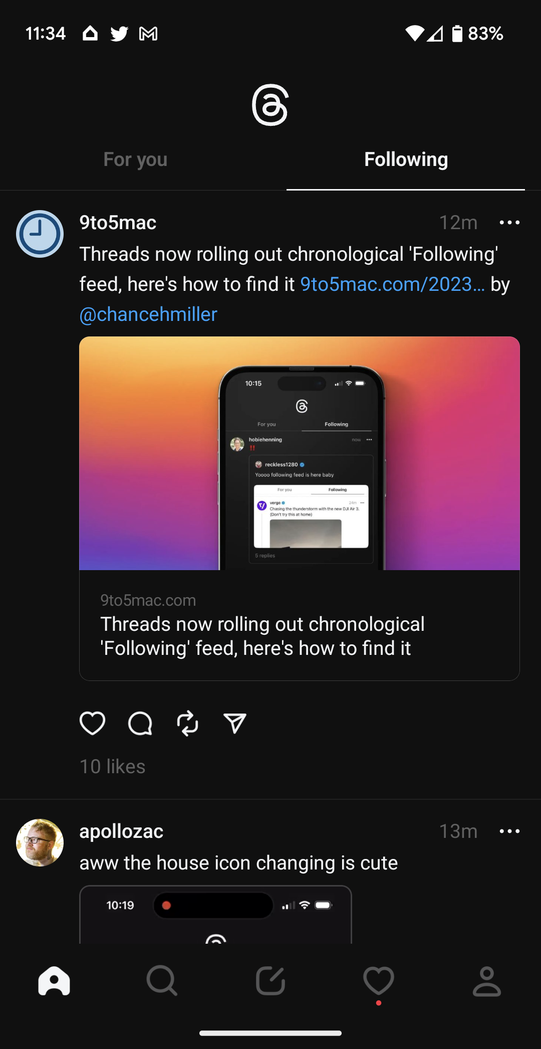 Threads 'Following' tab now rolling out on Android