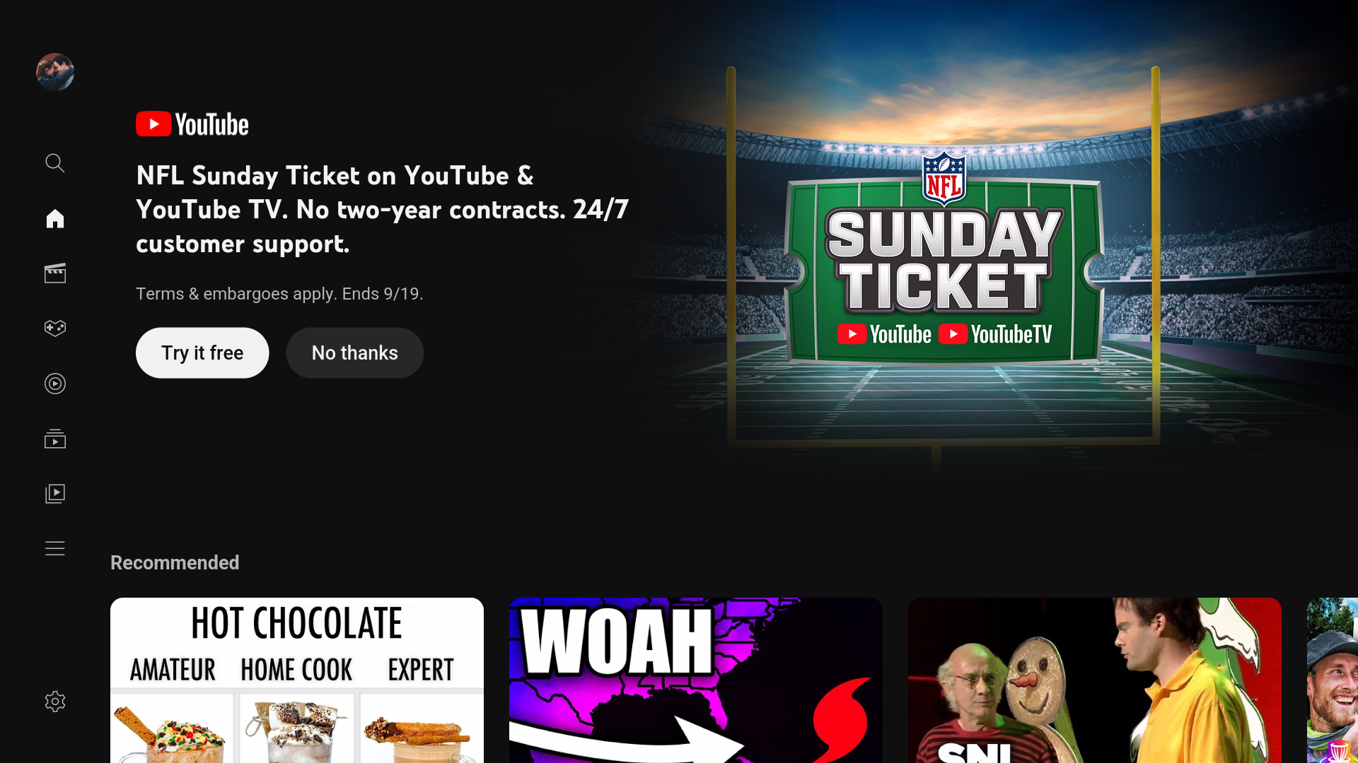 YouTube pushes fullscreen NFL Sunday Ticket ads in apps