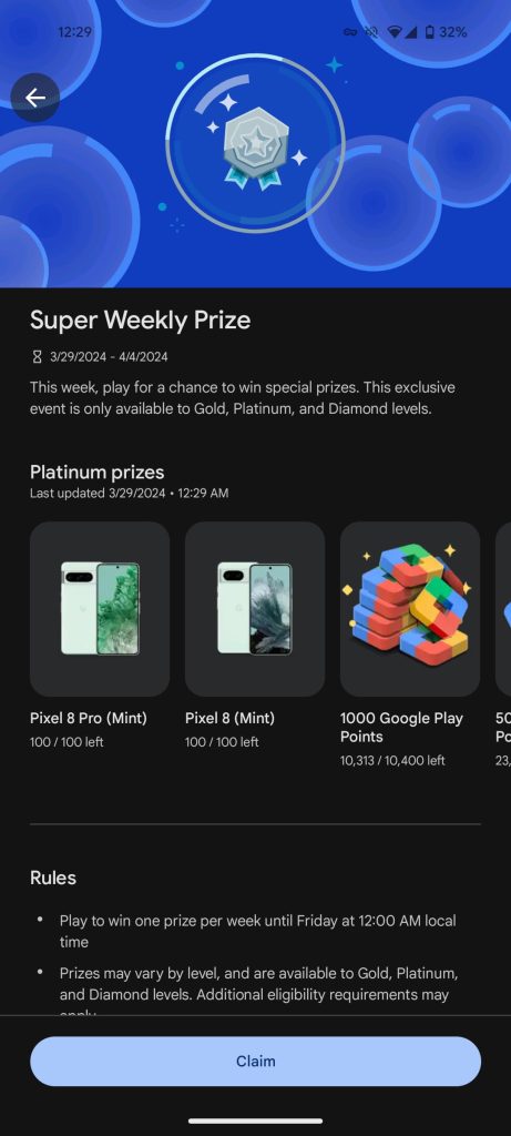 Google Play Points Super Weekly Prize giveaway: 100 Pixel 8 Pros