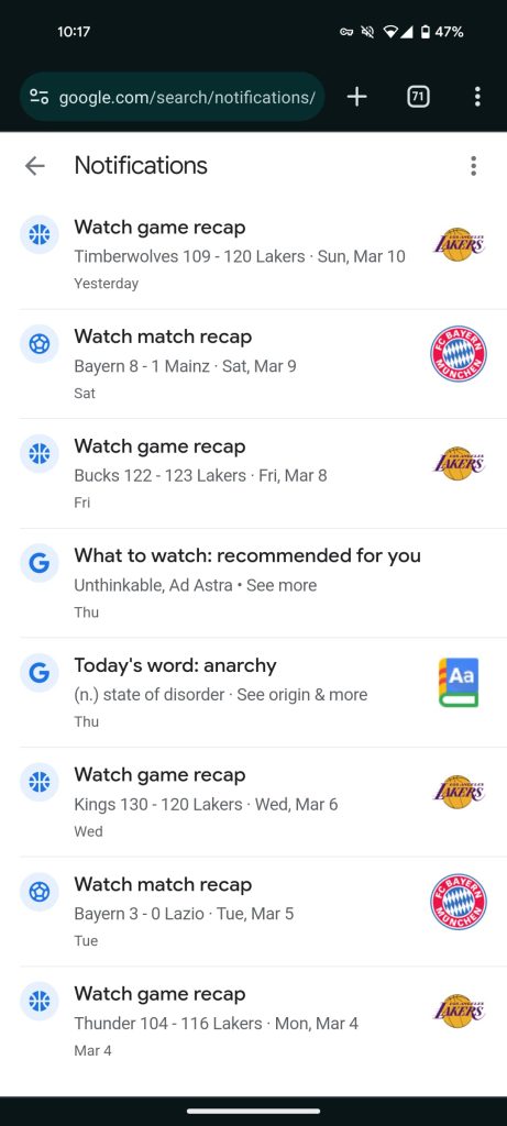 Google Search mobile website adds notifications feed