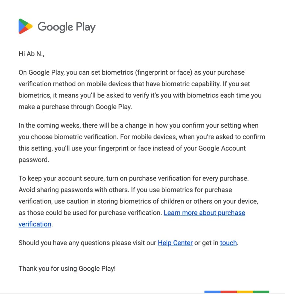Play Store 'Biometric verification' to drop Google Account password