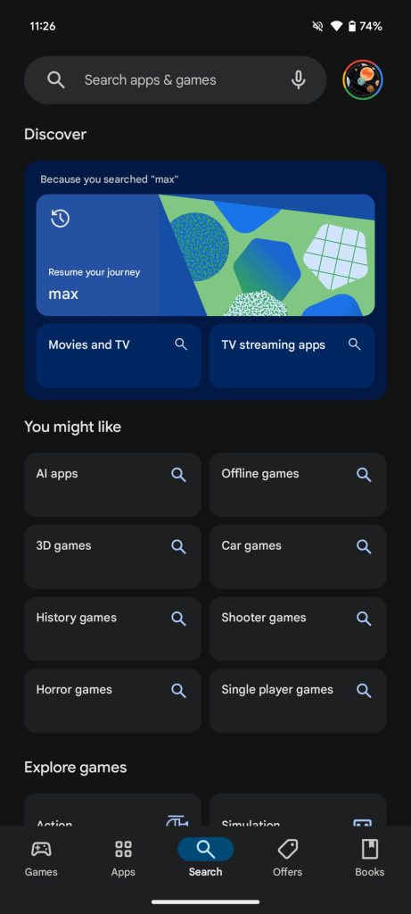 Google Play Search tab redesign introduces persistent bottom bar
