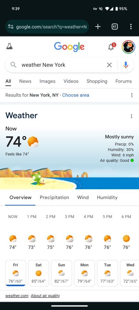 Google Search adds air quality to Weather card