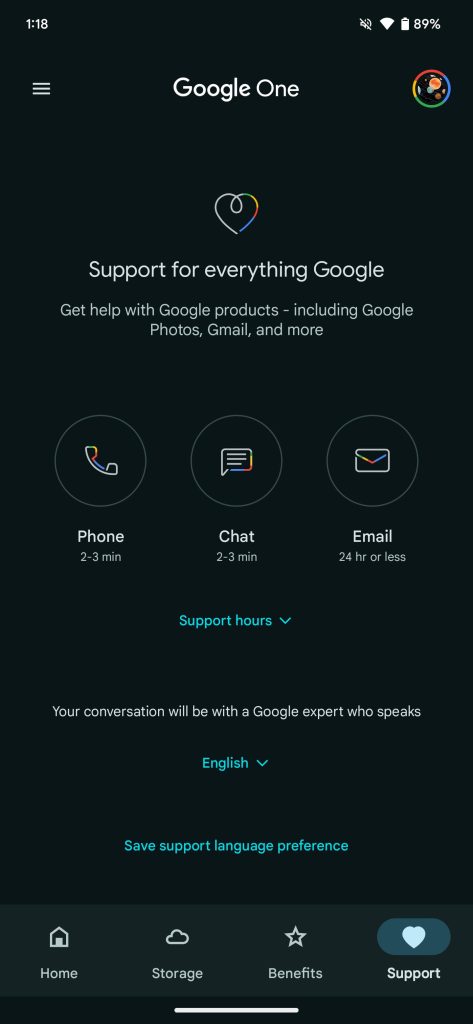 Google One app removes 'Support' tab in perk deprioritization