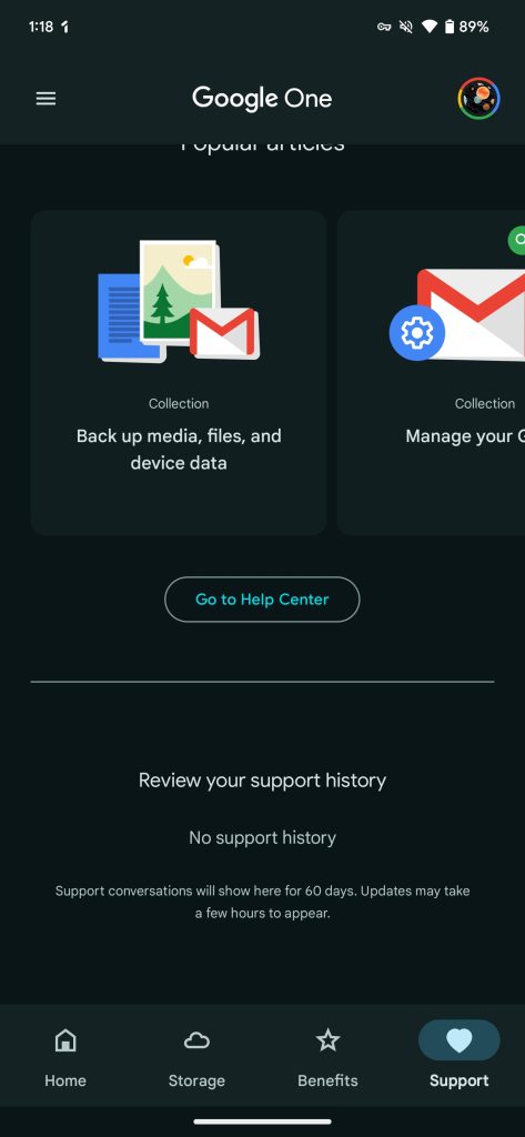 Google One app removes 'Support' tab in perk deprioritization