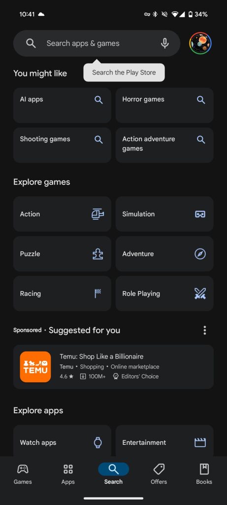 Google Play Store redesign adds Search tab, persistent bottom bar