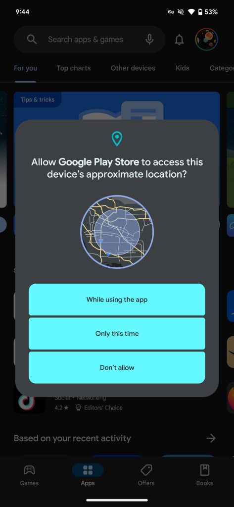 Google Play requesting location to show local recommendations
