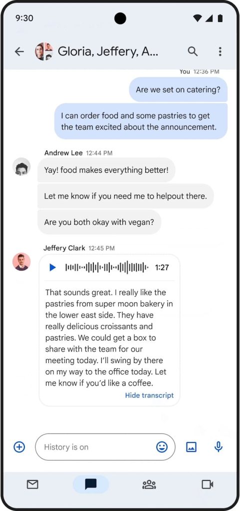 Google Chat adds voice clip transcripts, video messages
