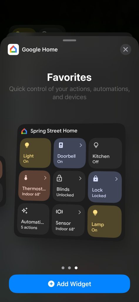Google Home for iPhone adding Favorites homescreen widget