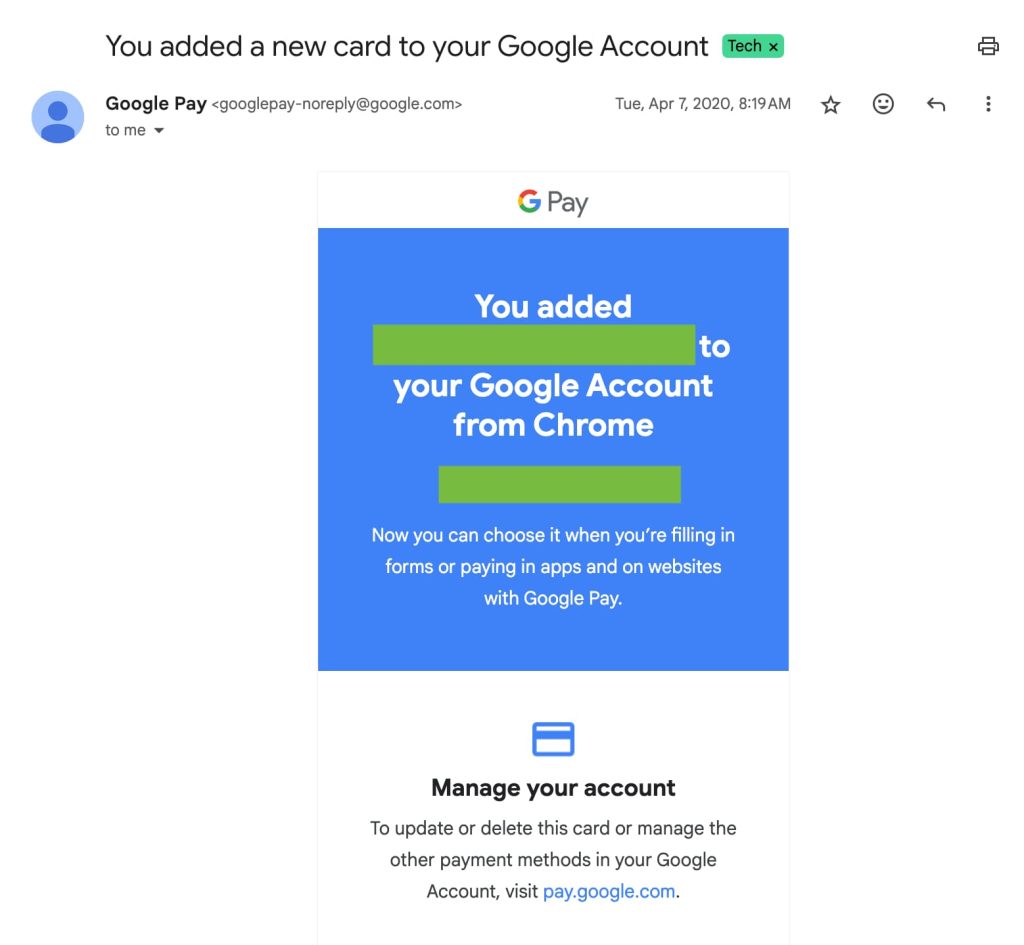 Google Pay error: 'You added a new card to your Google Account' email