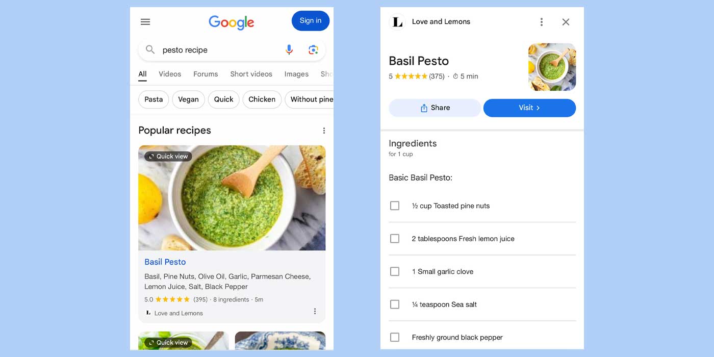 Google tests a Search feature that shows recipe ingredients in app