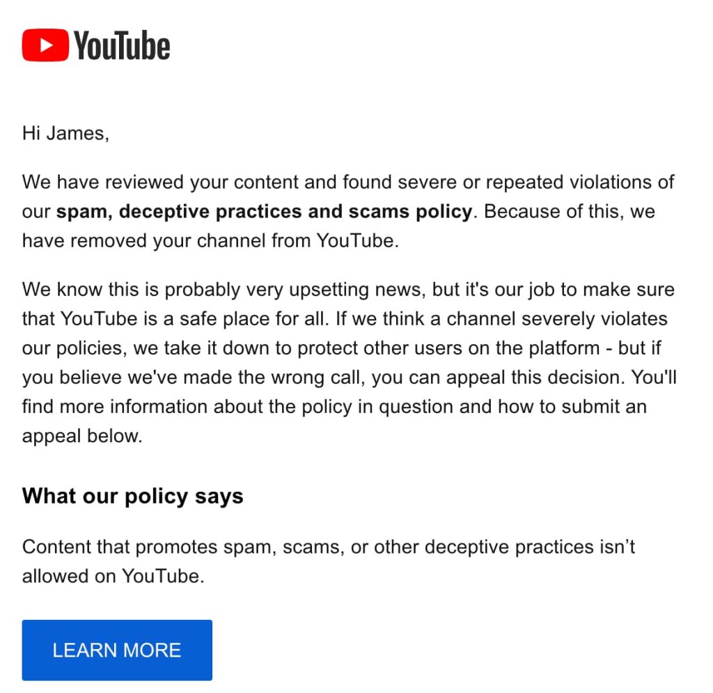 YouTube mistakenly bans accounts, removes channels for spam