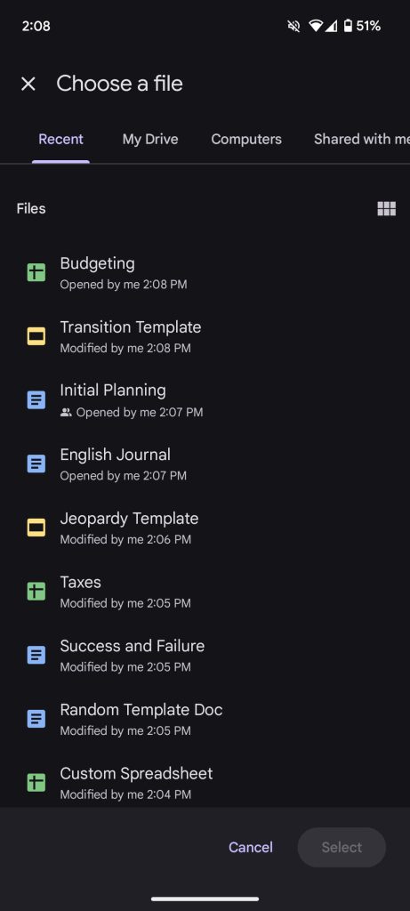 Google Drive file picker redesigned on Android