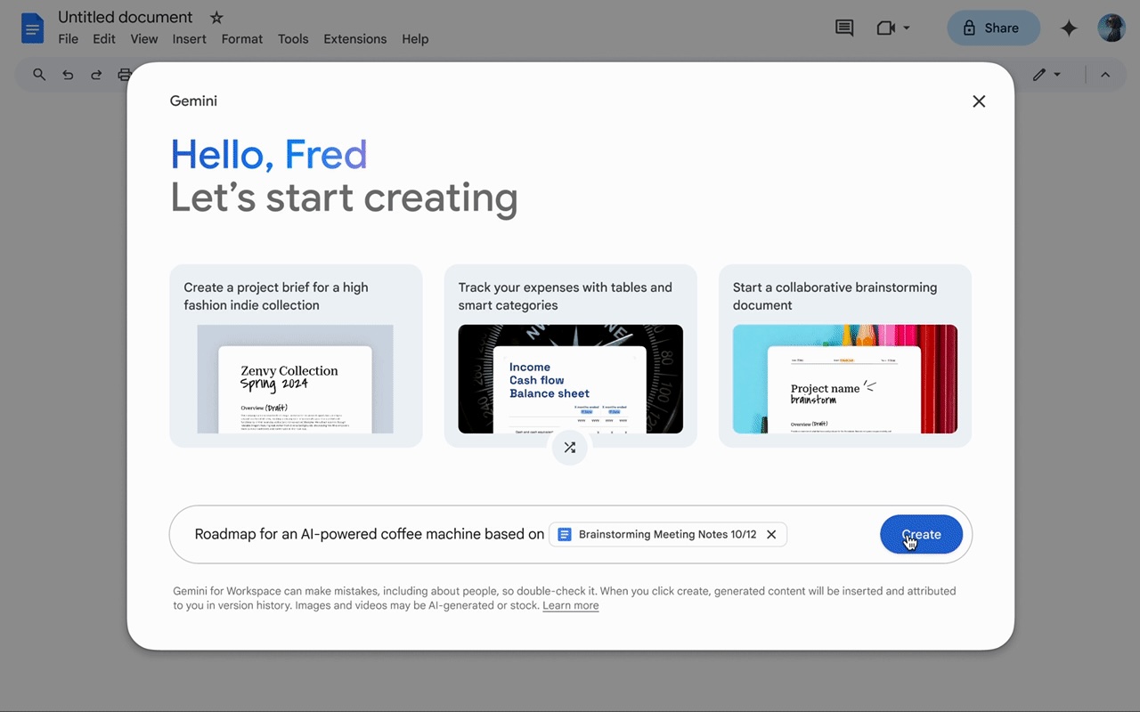 Google Docs testing Gemini-powered ‘Help me create’
