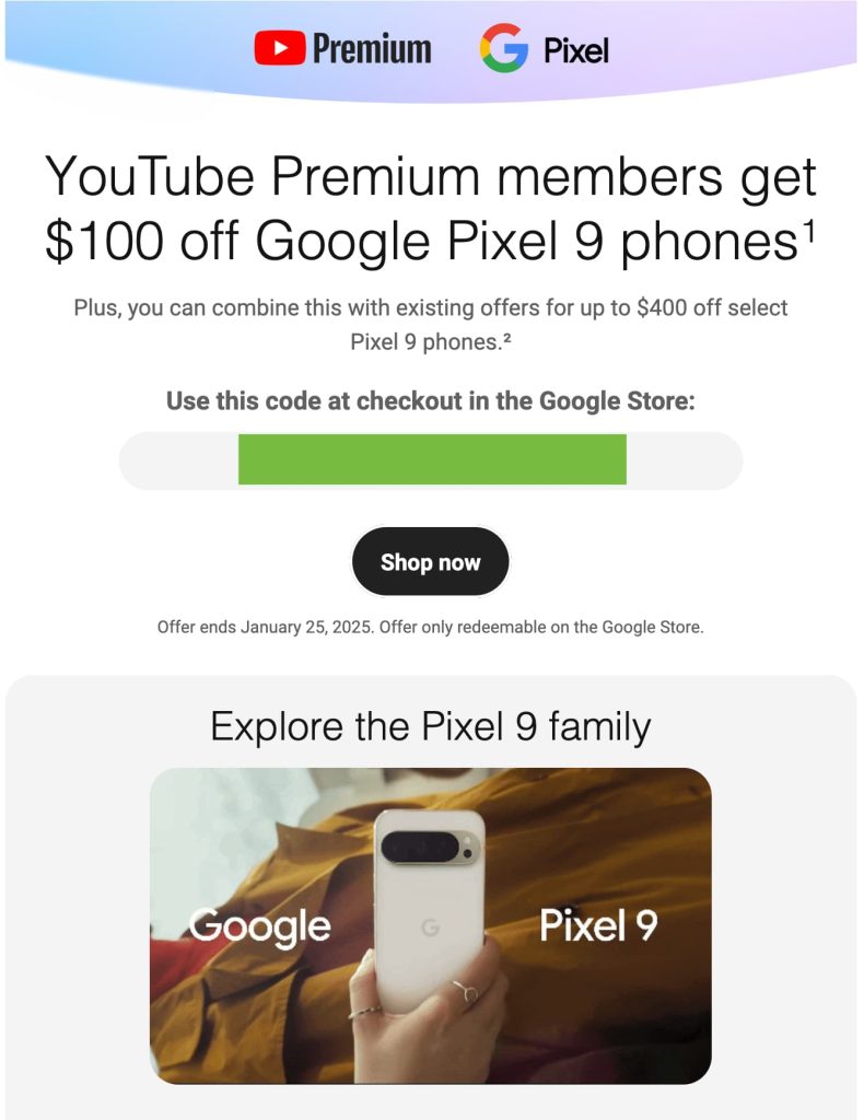 YouTube Premium discount code takes $100 off Pixel 9