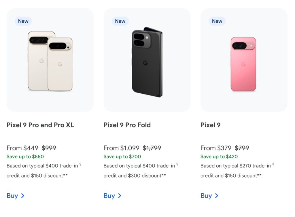 Google Store showing Pixel 9 prices that assume trade-ins
