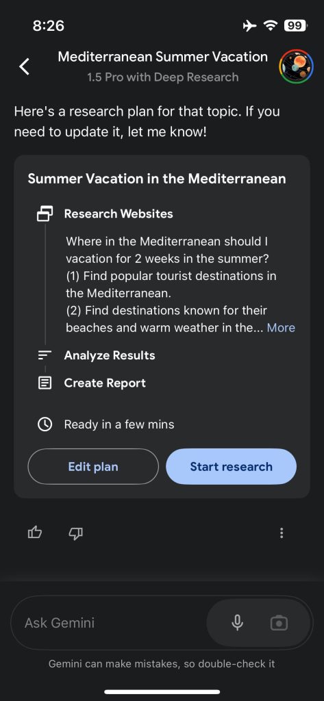 Gemini Deep Research now rolling out to iPhone app