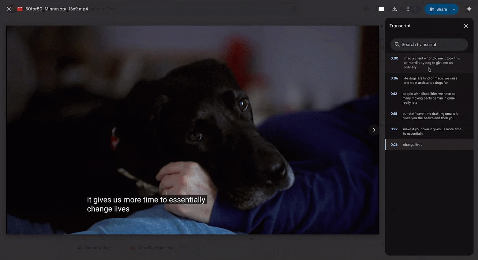 Google Drive adding video transcripts with search
