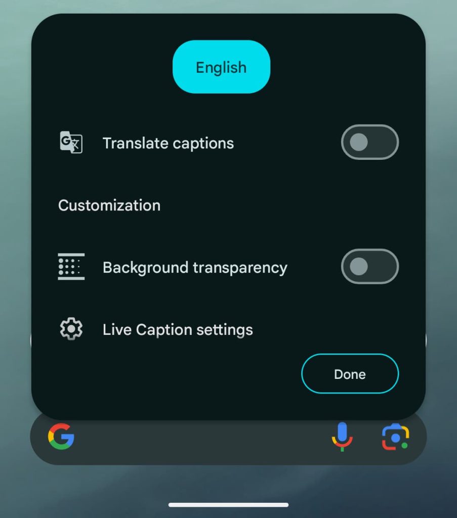 Android’s Live Caption panel adding Background transparency
