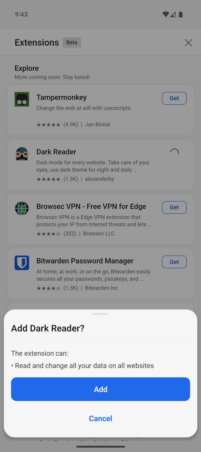 Microsoft Edge adds extension store for Android before Chrome