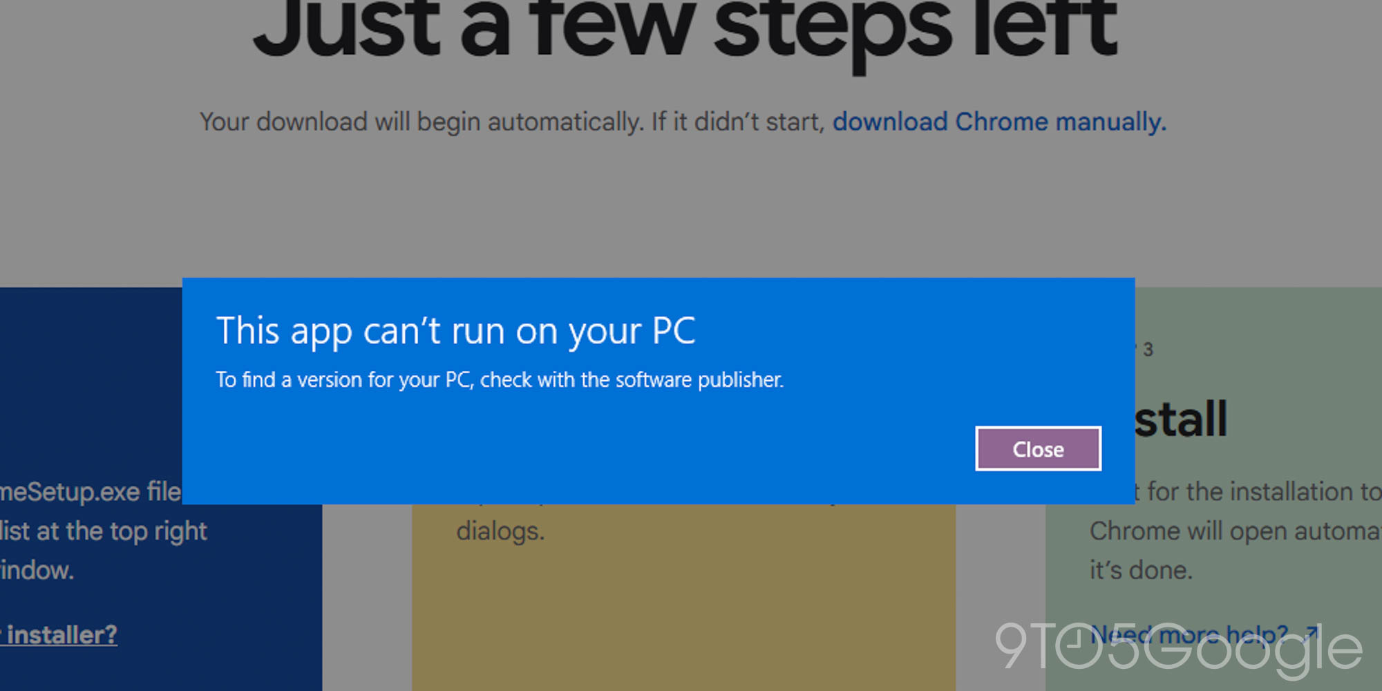 Google Chrome 'can't run' on Windows due to broken install tool