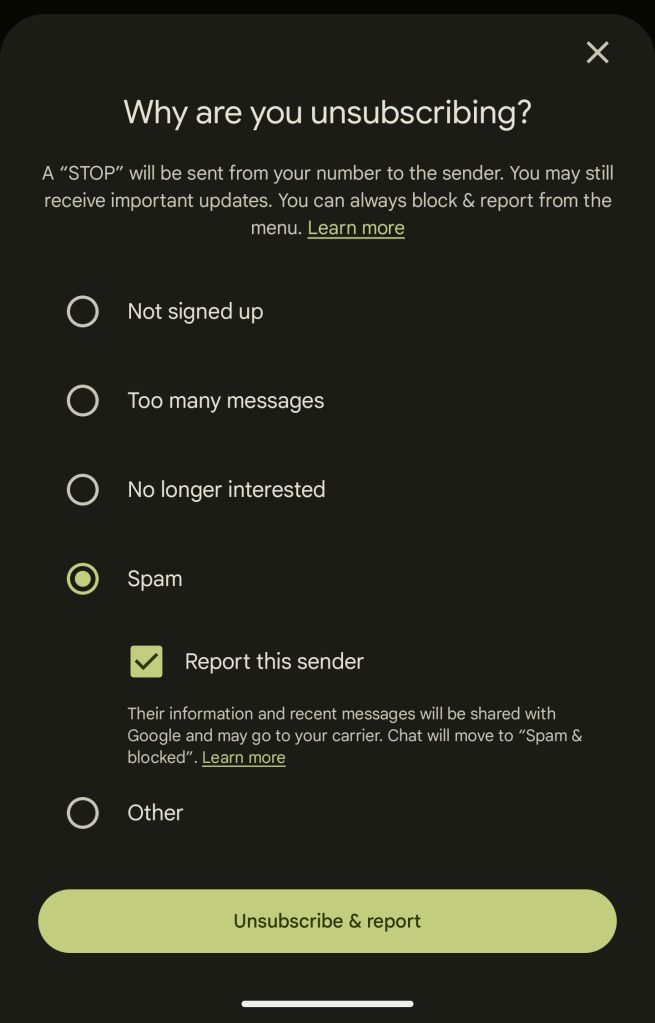 Google Messages rolling out 'Unsubscribe' button to stop spam