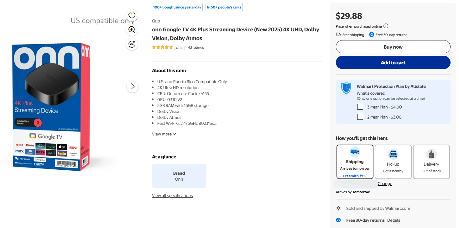 Walmart Onn 4K Plus with Google TV now available for $30