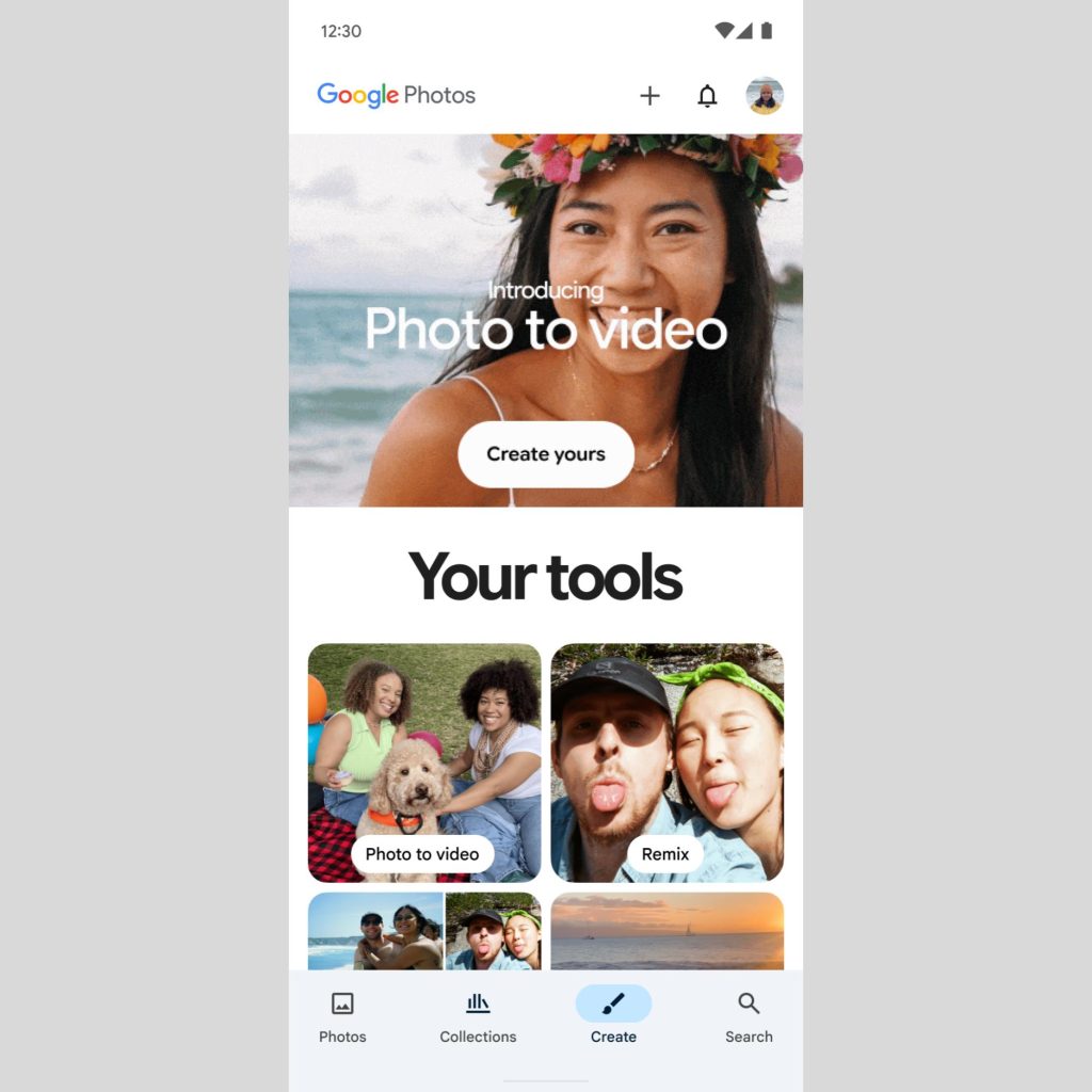 Google Photos adding photo-to-video, Remix, and Create tab