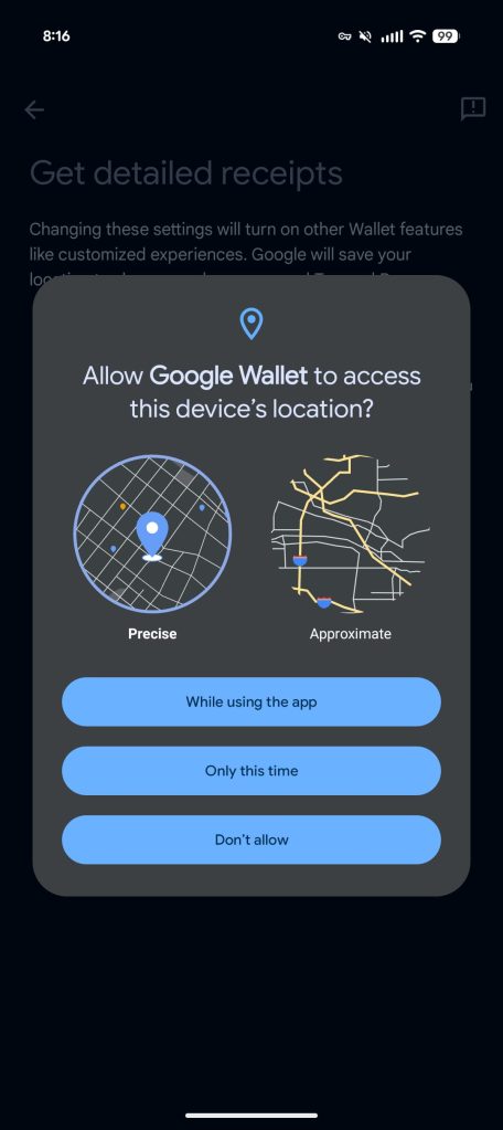 Google Wallet requires location for ‘detailed receipts’ with maps