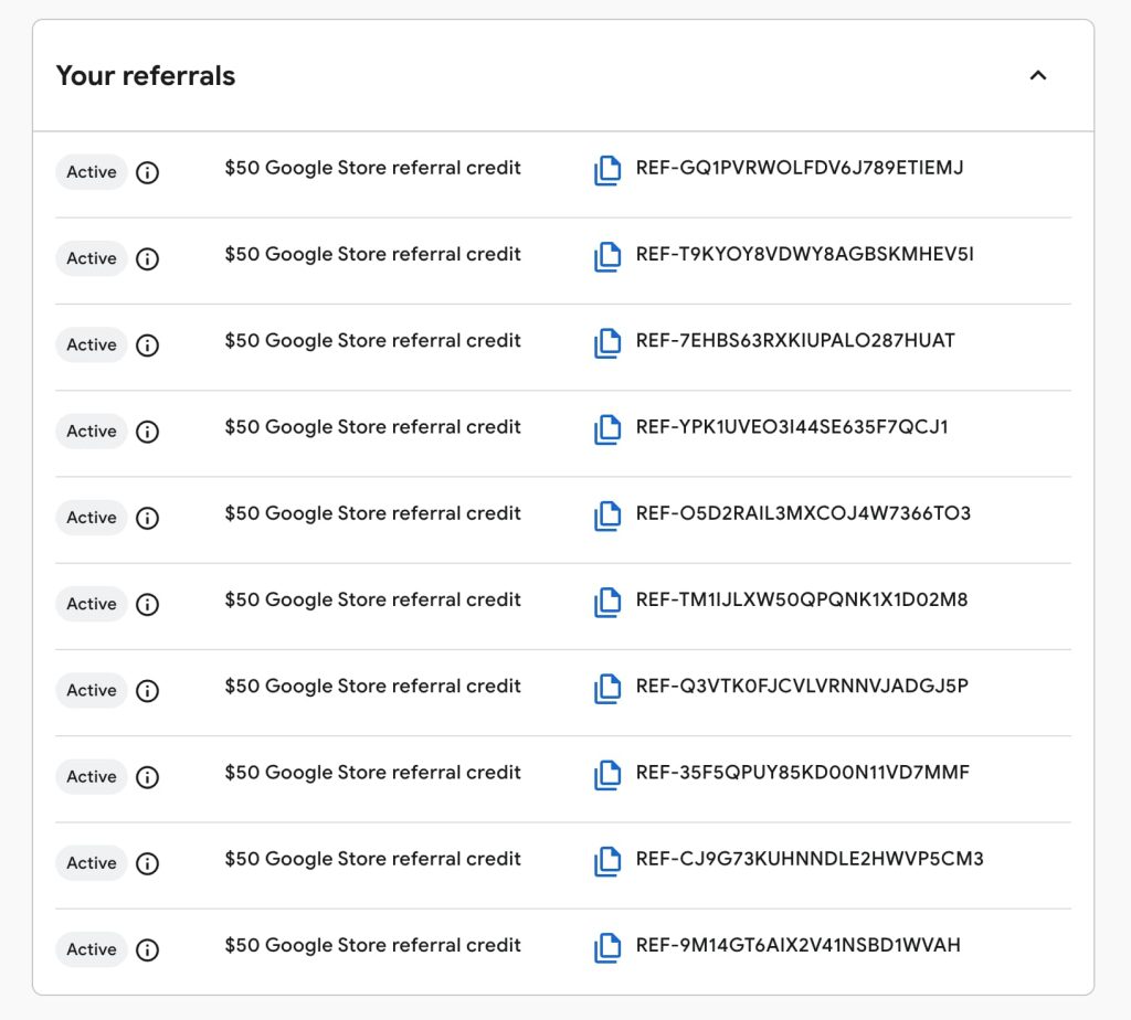 Pixel 10 Referral Program" 10% off, $50 Google Store credit
