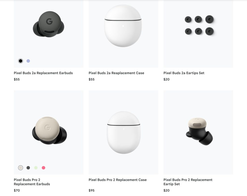 Google Store directly lists Pixel Buds replacement cases, earbuds