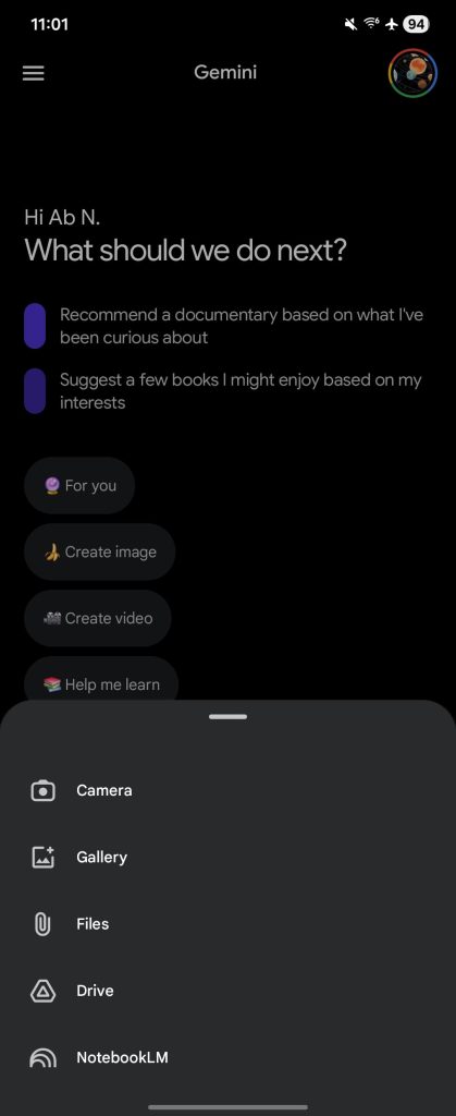 Gemini app ‘plus’ menu switches to list with NotebookLM addition