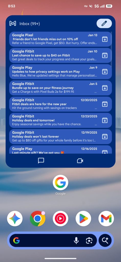 Gmail widget updated with Material 3 Expressive tweaks