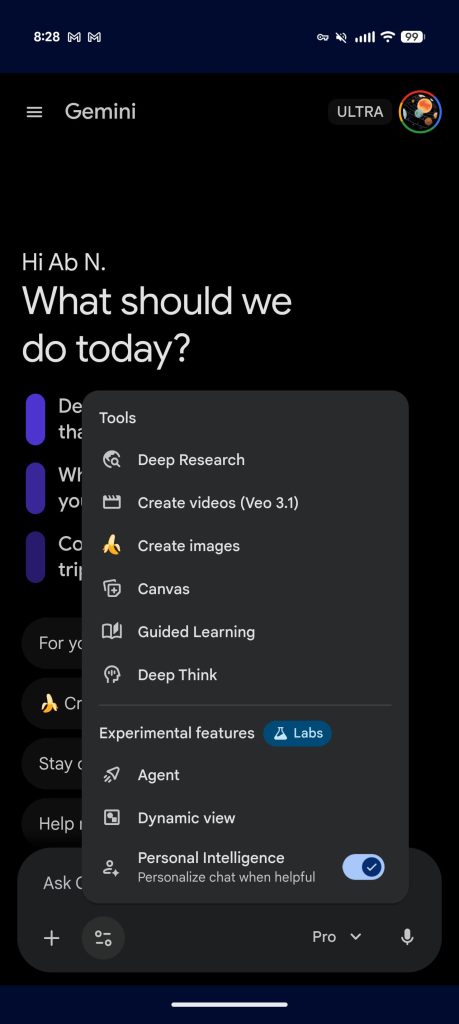 Gemini Tools menu adds Labs section, Personal Intelligence toggle
