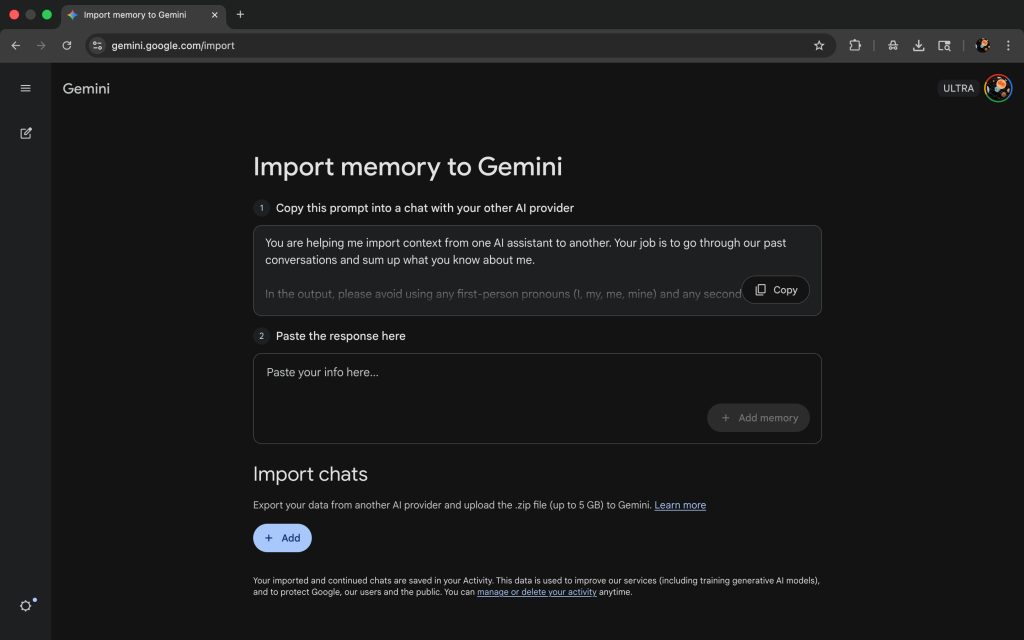 Gemini now lets you import chats and memory from other AI apps