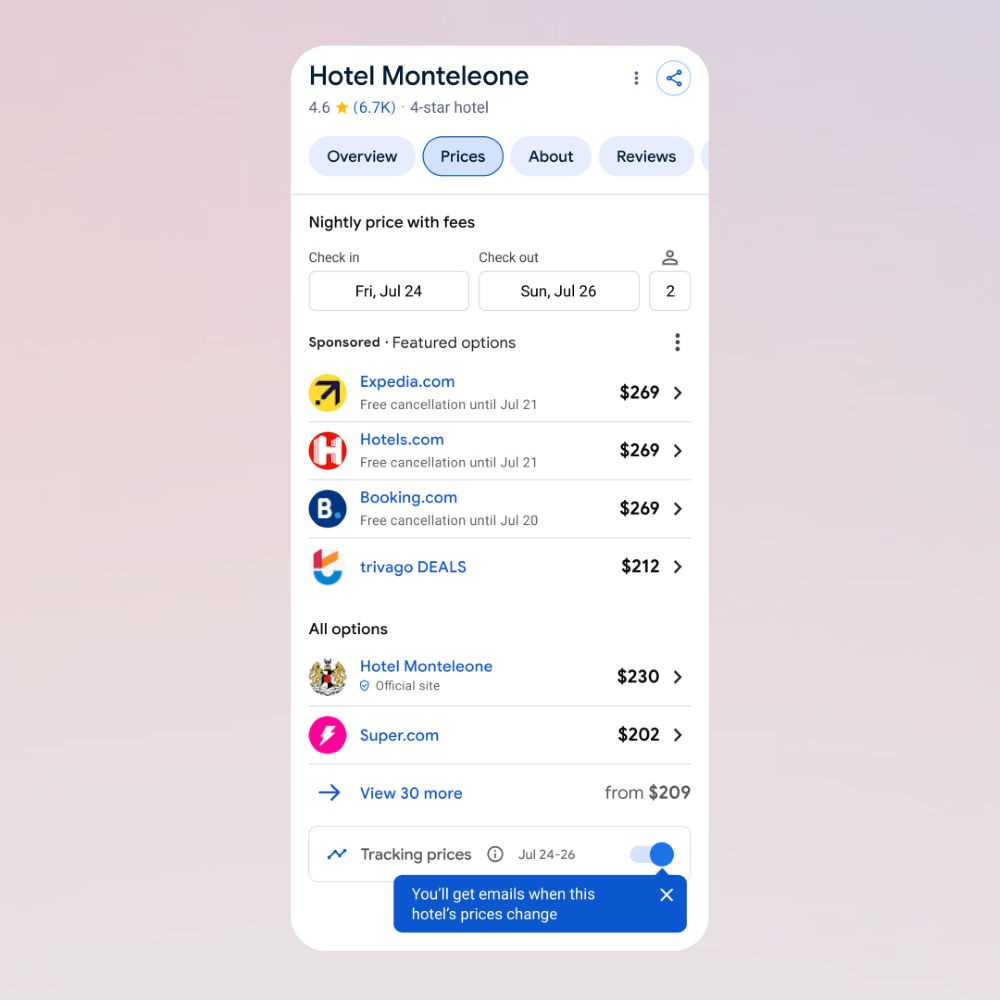 Google Search gains hotel price tracking ahead of summer travel