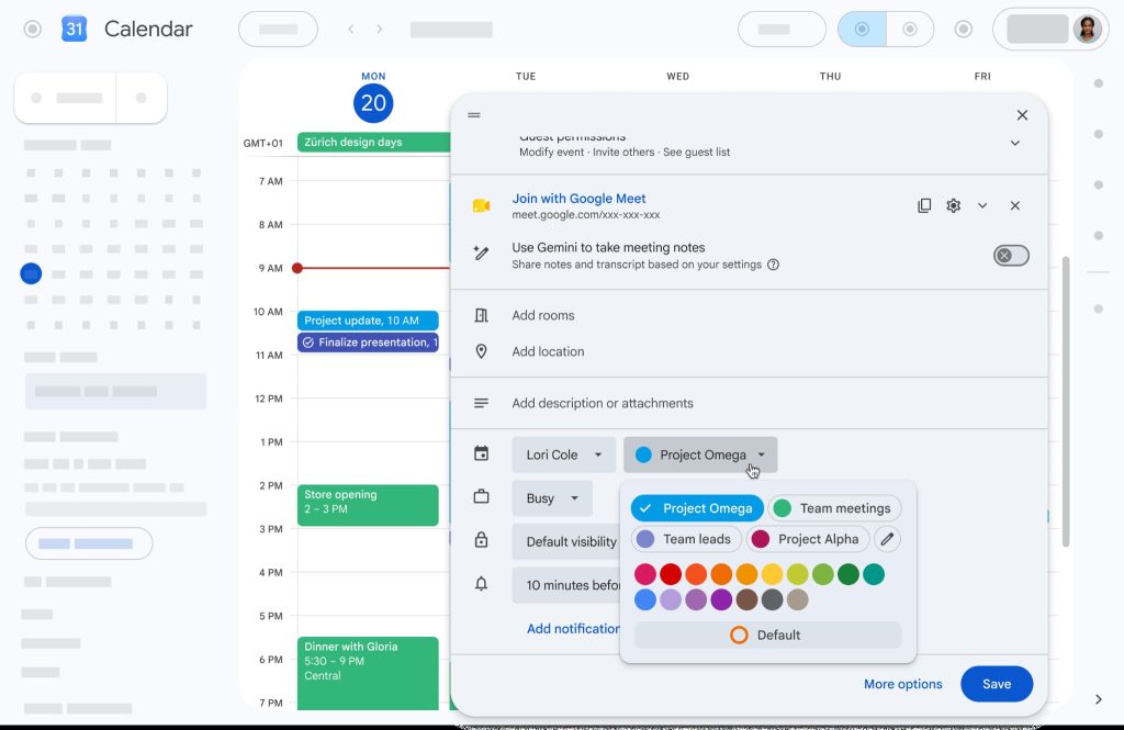 Google Calendar gets 200 event colors, Voice adds Gemini notes
